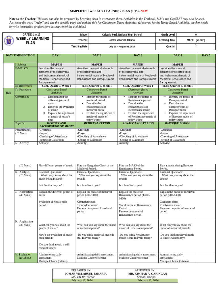 MAPEH10 - WLP-Q3 Week 1 | PDF