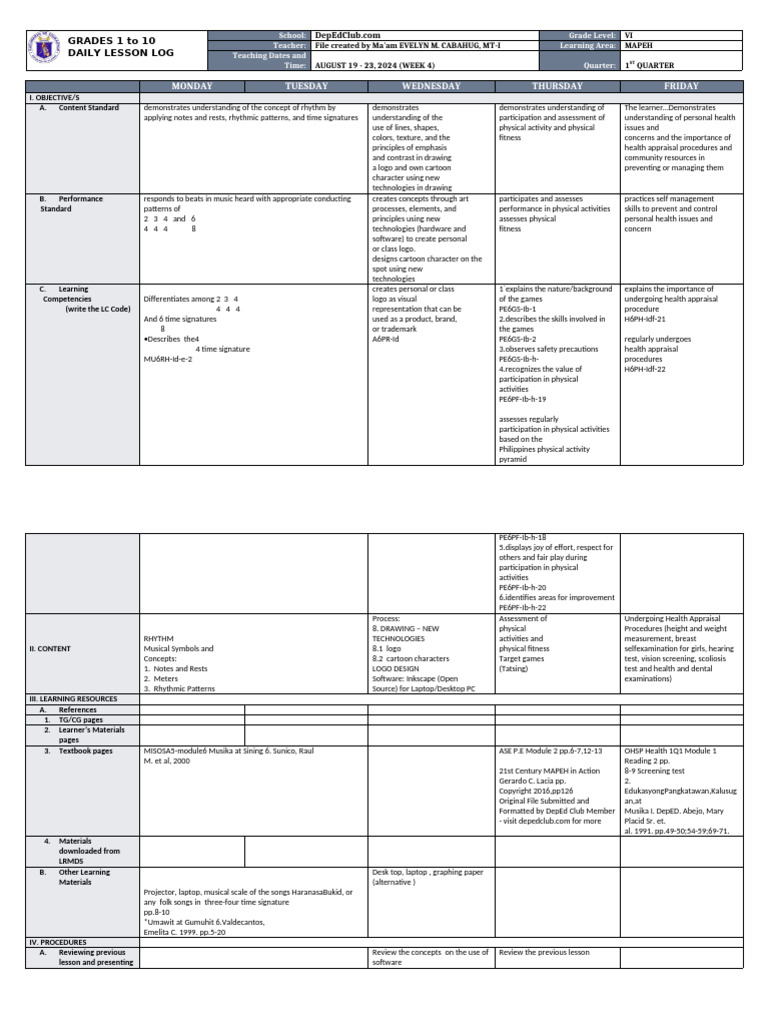 DLL - Mapeh 6 - Q1 - W4 | PDF