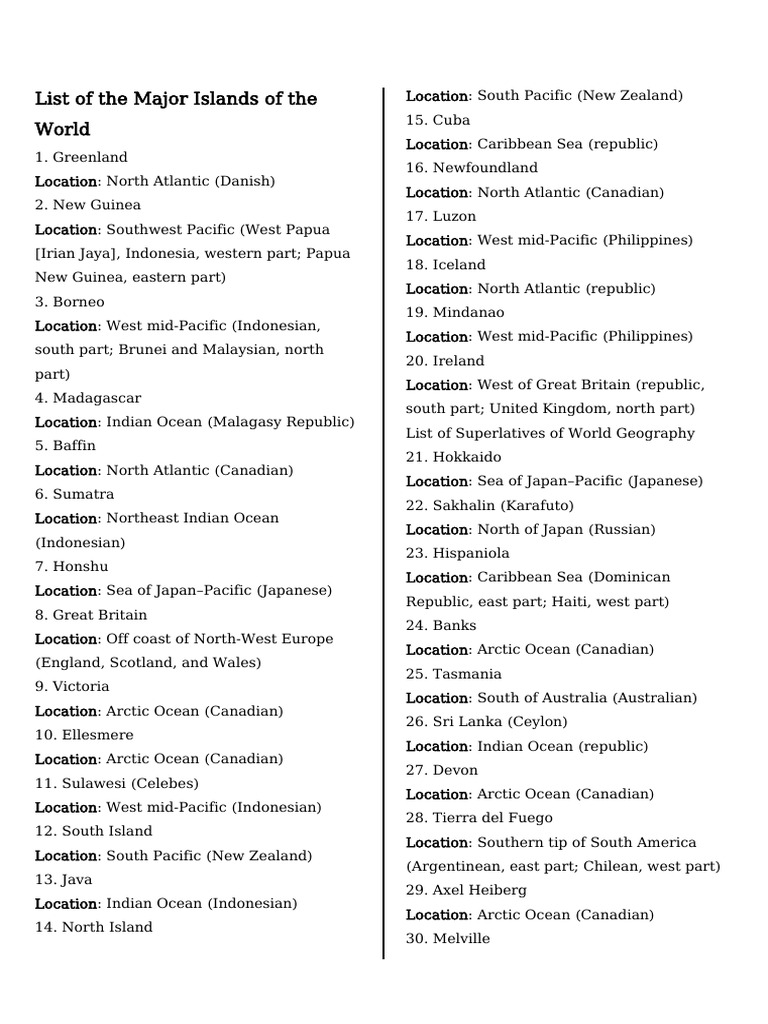 List of The Major Islands of The World | PDF | Island | New Guinea
