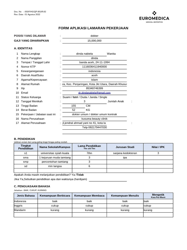 003 - F - HC - QP-001 - R.02 - Form Aplikasi Lamaran Pekerjaan | PDF