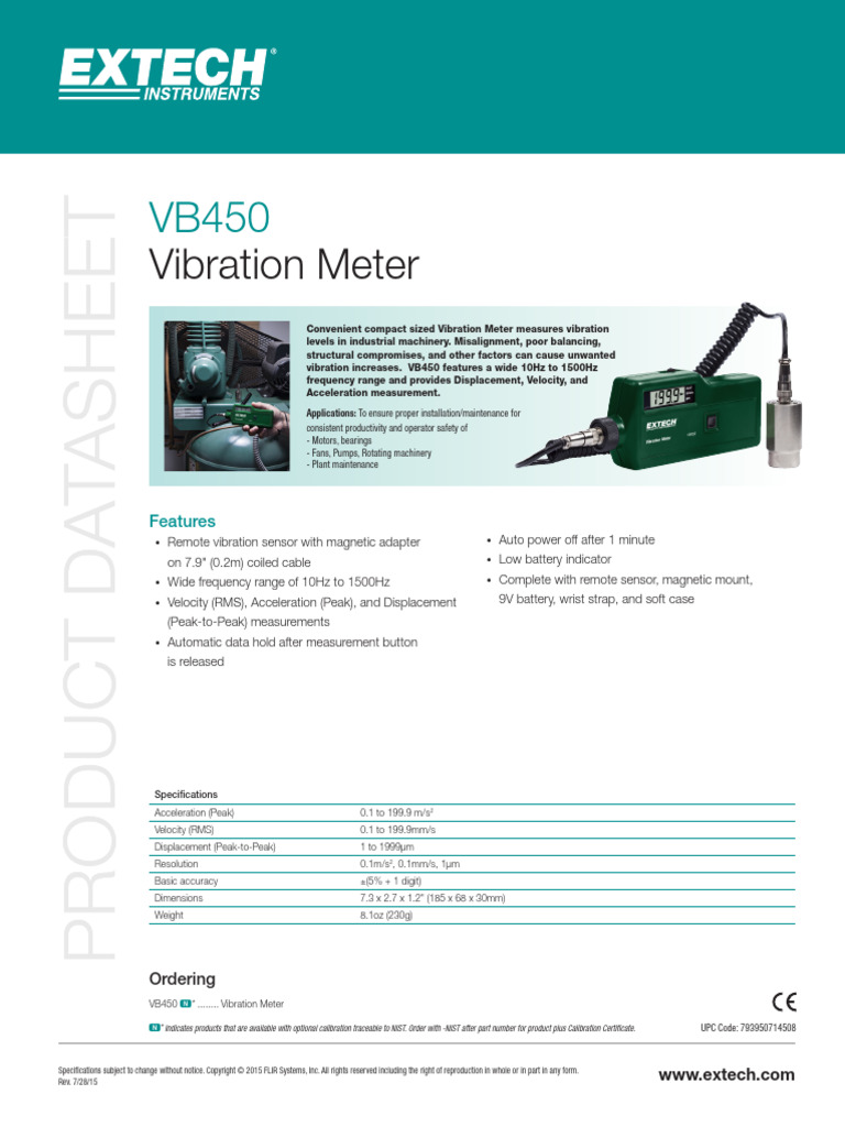 Datasheet Extech VB450 Vibration Meter | PDF