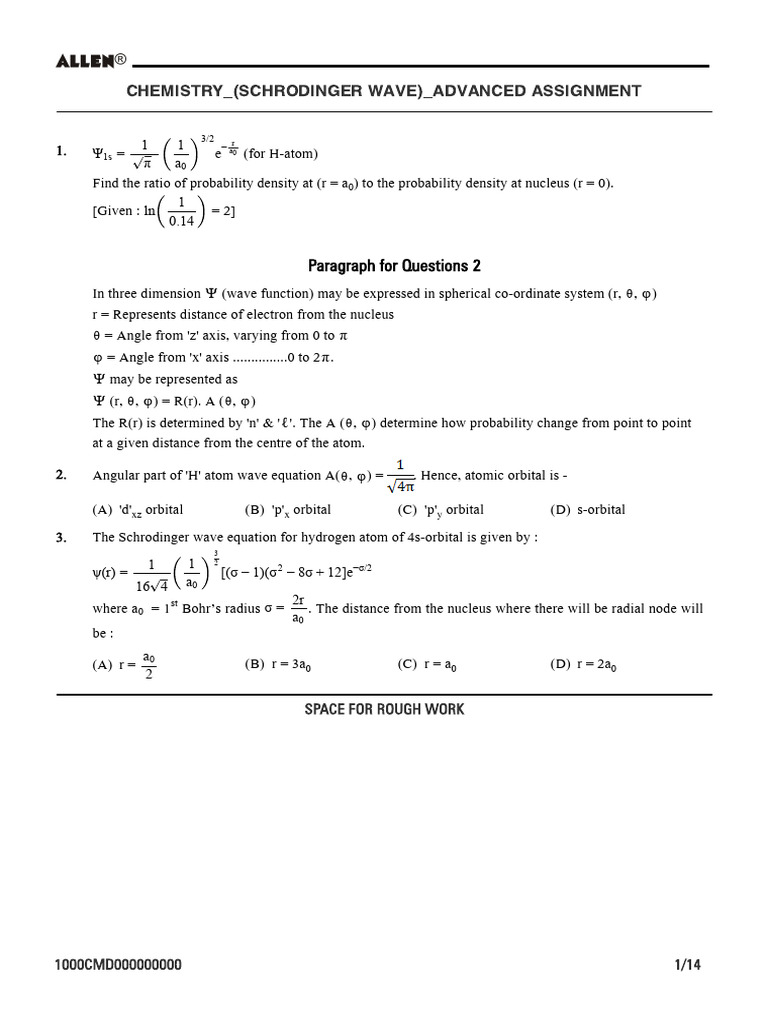 Chemistry - (Schrodinger Wave) - Advanced Assignment | PDF