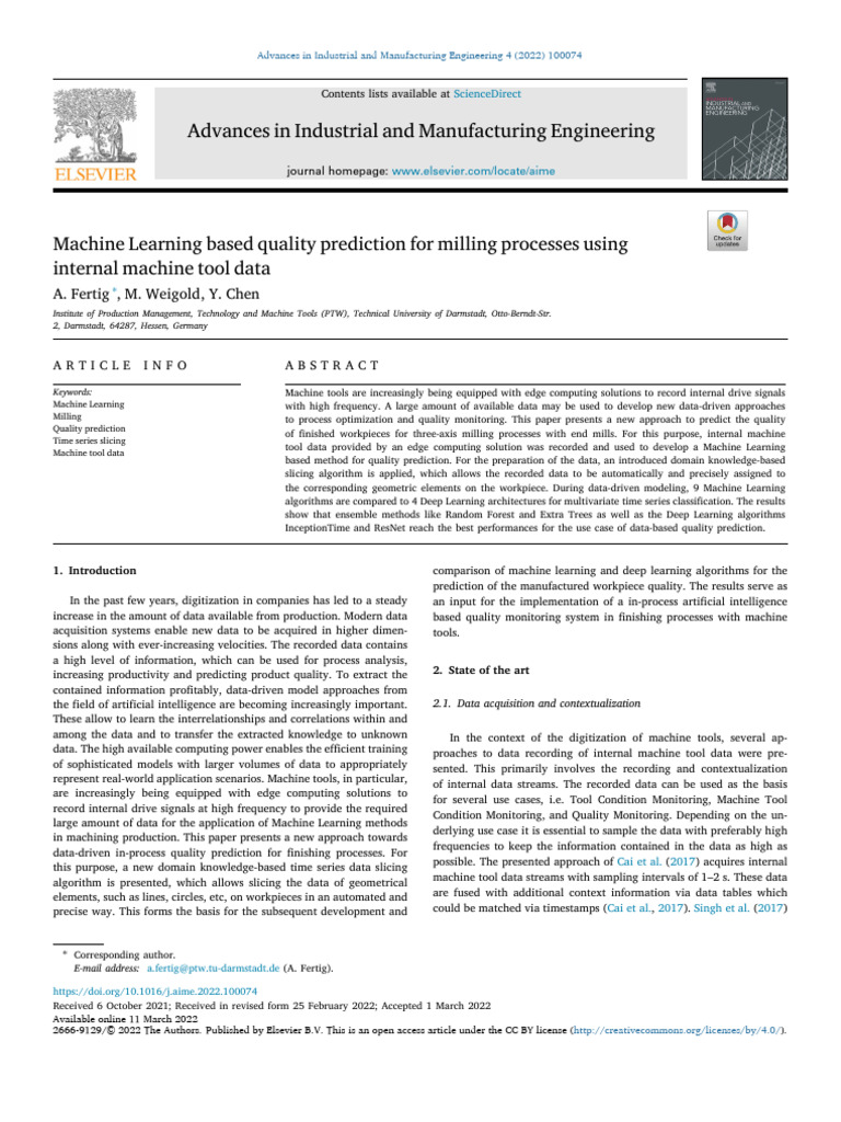 (Paper) - Machine Learning Based Quality Prediction For Milling Processes Using Internal Machine ...