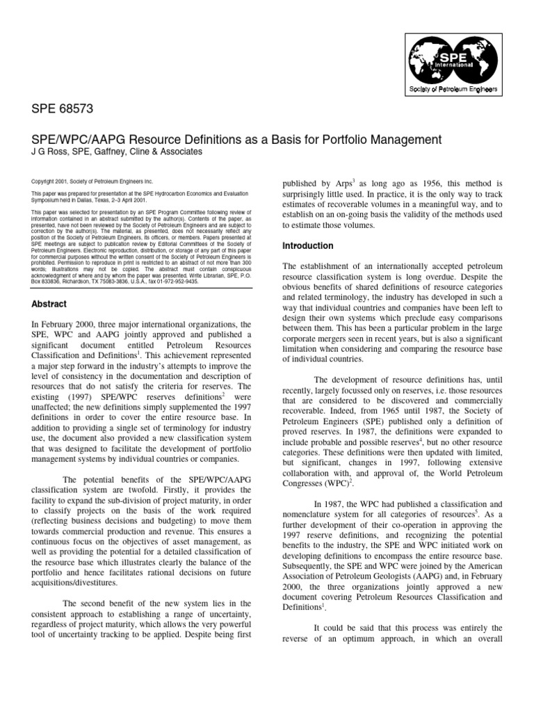 SPE-WPC-AAPG Resource Definitions As A Basis For Portfolio Management ...