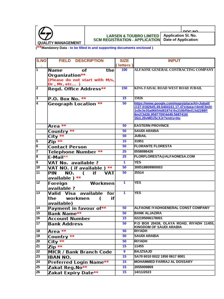 L&T Foreign - SubContractor - Registration - Form LT | PDF