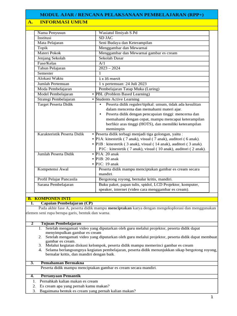 1, SBK - Art.modul Ajar - Kelas1 | PDF