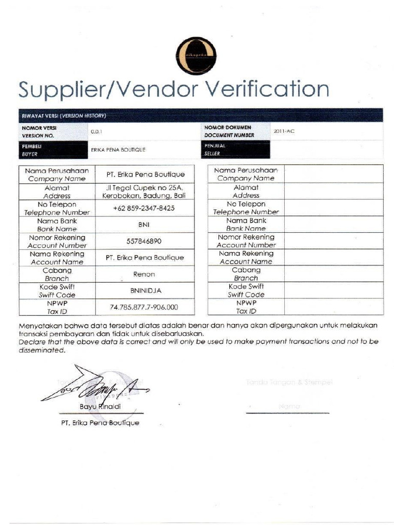 VERIFIKASI VENDOR Form | PDF