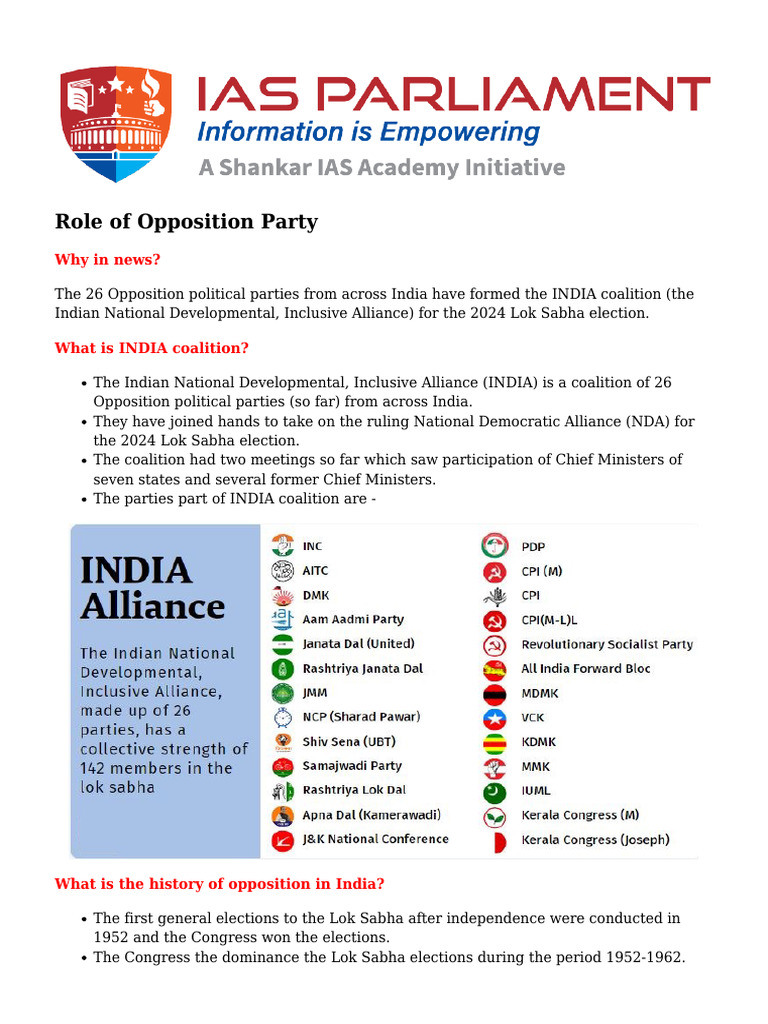 Role of Opposition Party | PDF