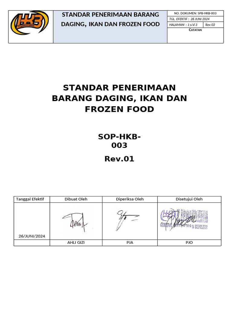 Spb-hkb-003 Standar Penerimaan Barang Daging Dan Ikan | PDF