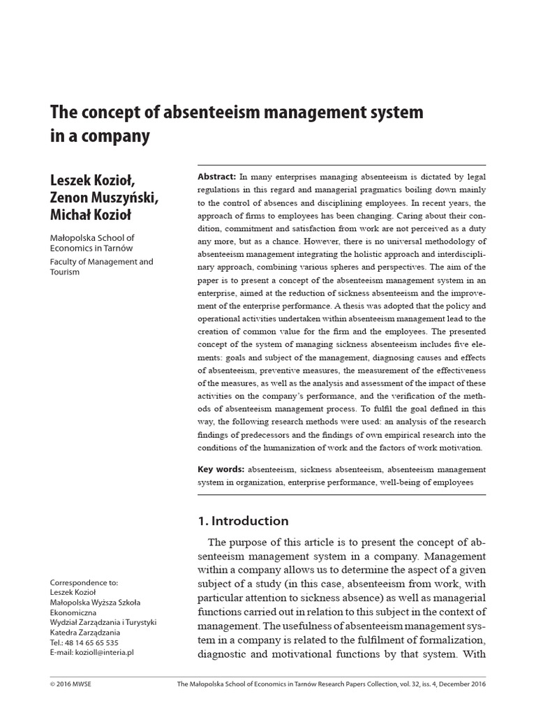 The Concept of Absenteeism Management System in A Company: Leszek ...