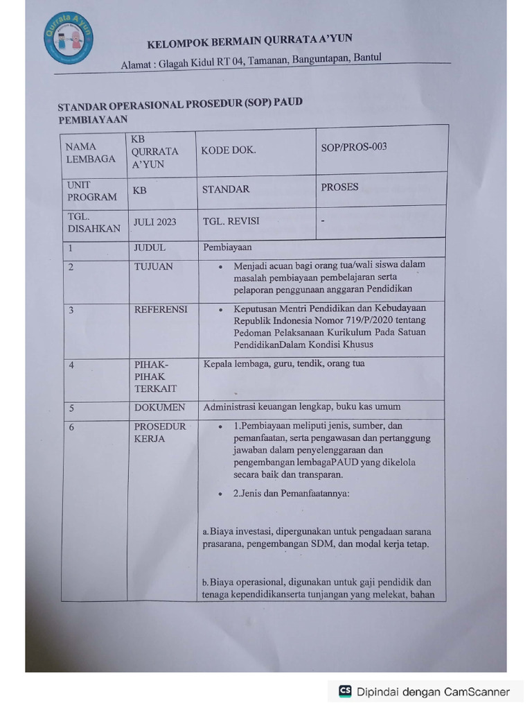 Sop Paud Pembiayaan | PDF