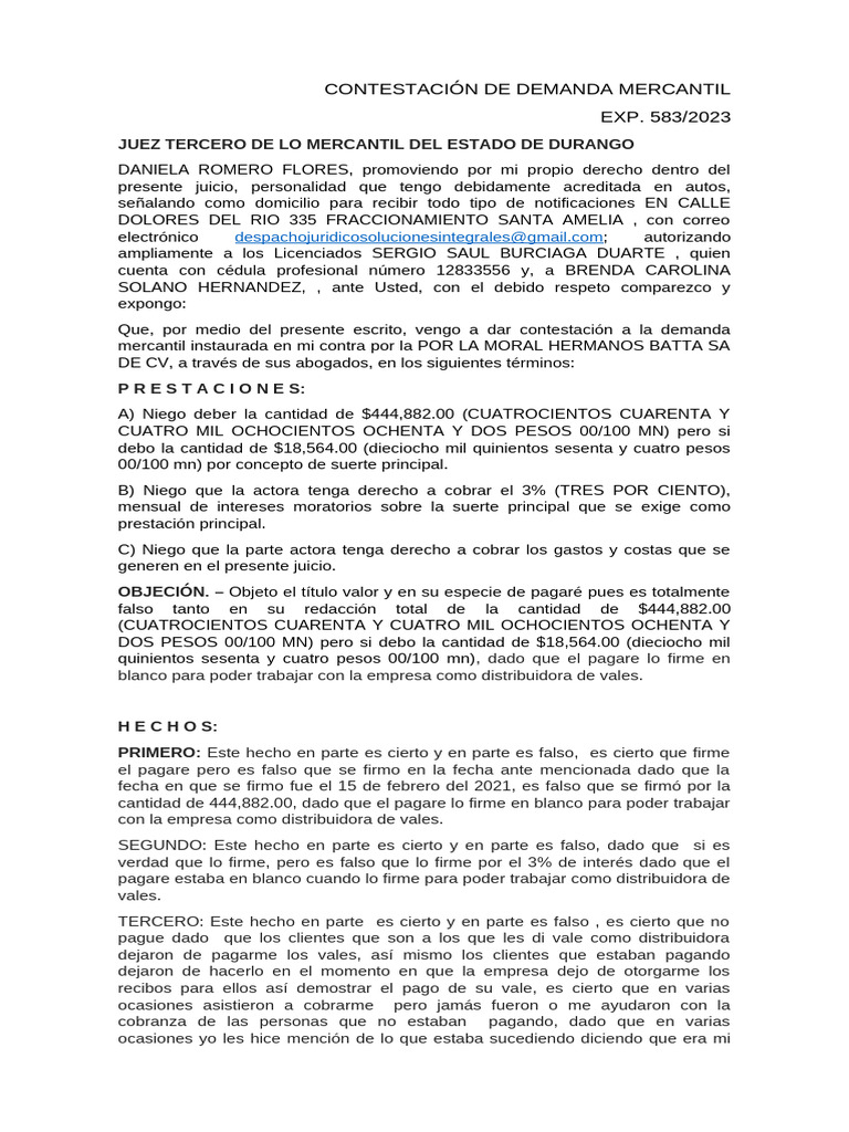 Contestación de Demanda Mercantil | PDF