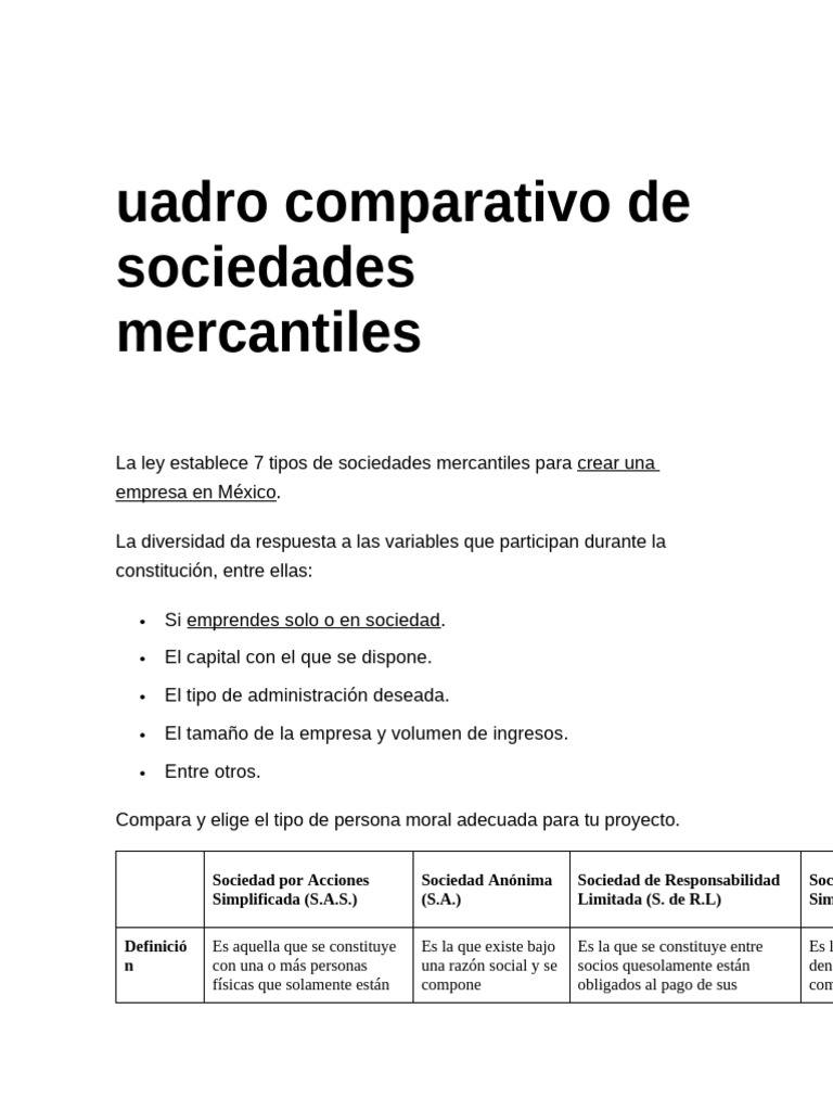 Cuadro Comparativo de Sociedades Mercantiles | PDF