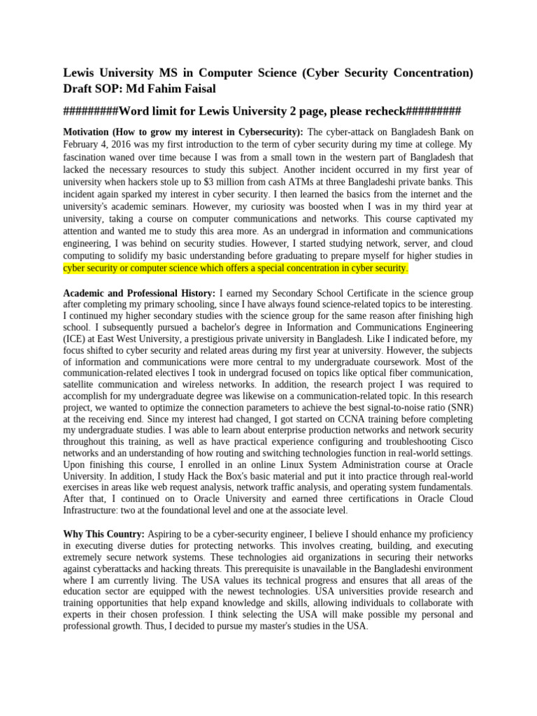 Lewis University MS in Computer Science Concentration Cybersecurity SOP ...