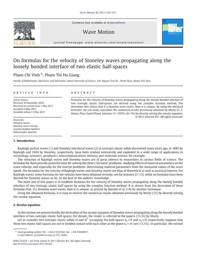 On Formulas For The Velocity of Stoneley Wave | PDF