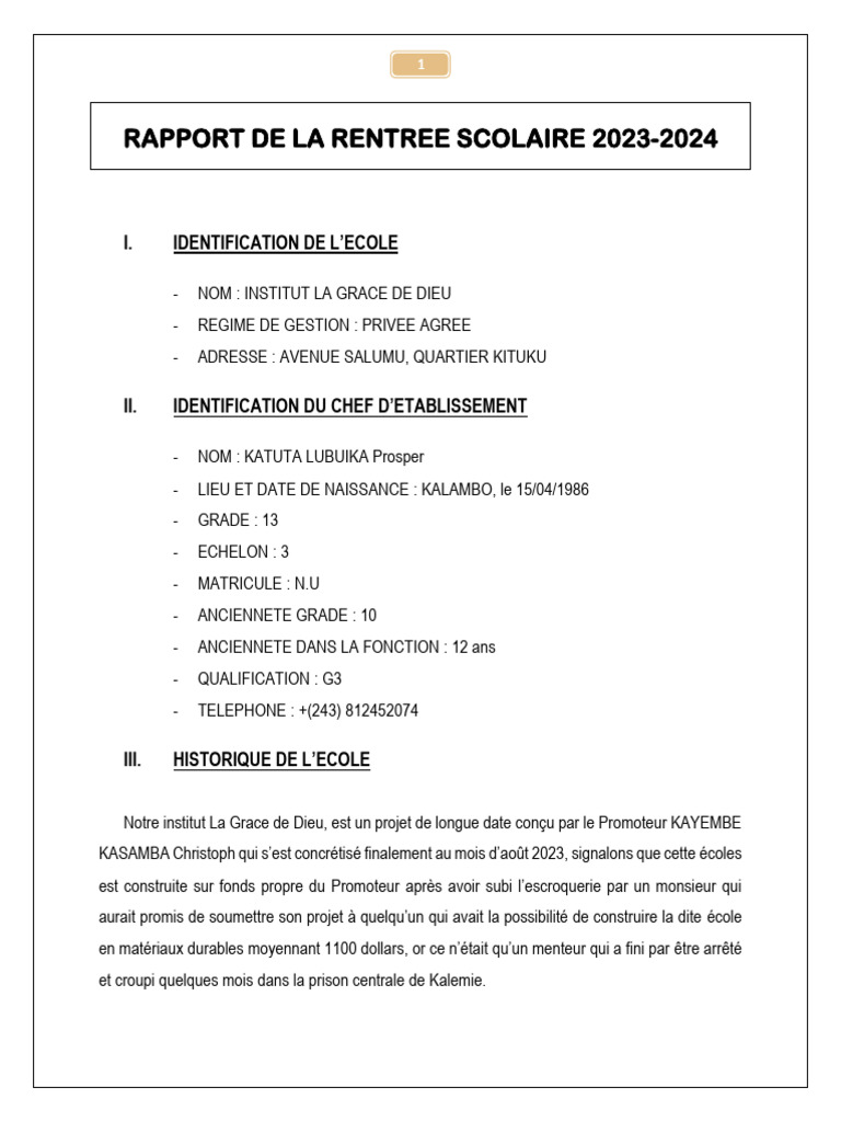 Rapport de La Rentree Scolaire - 042339 | PDF