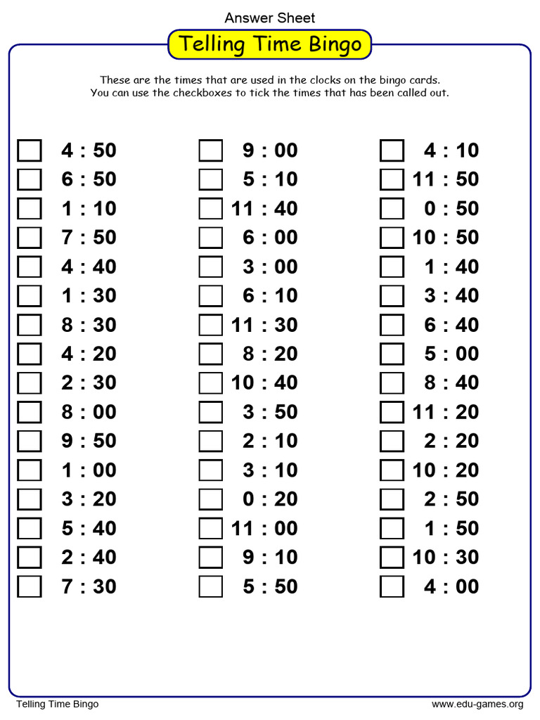 Telling Time Bingo | PDF