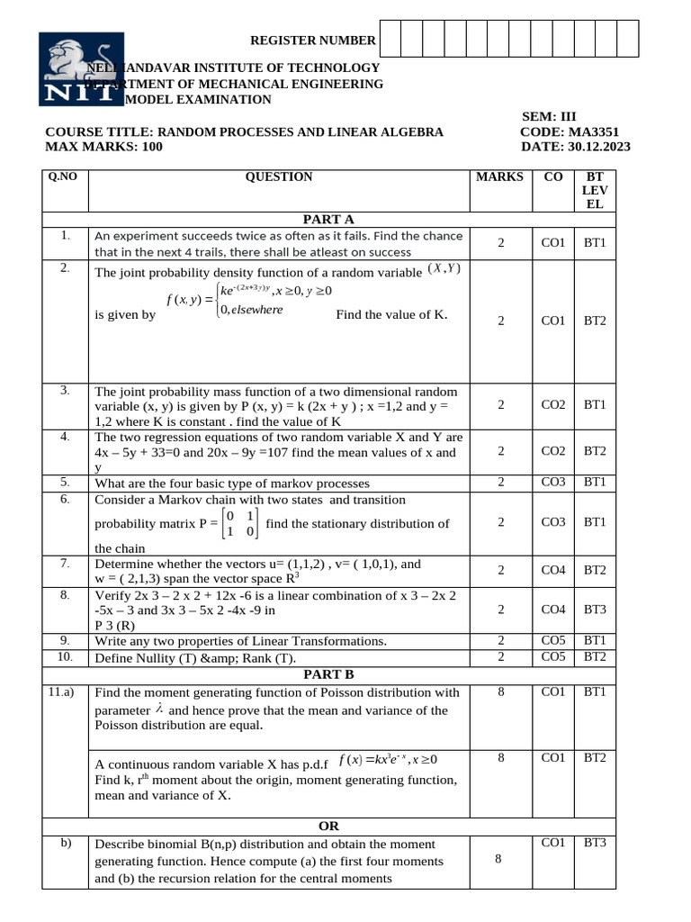 Ma3355 Model Exam QP | PDF