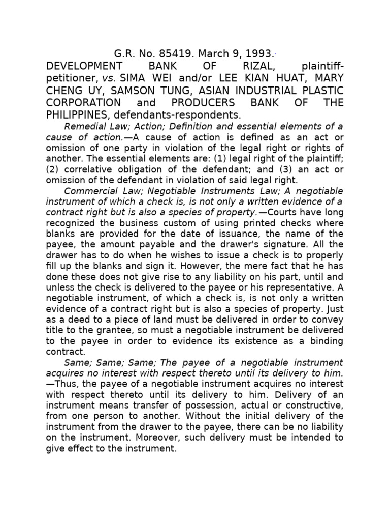 Development Bank of Rizal Vs Sima Wei | PDF
