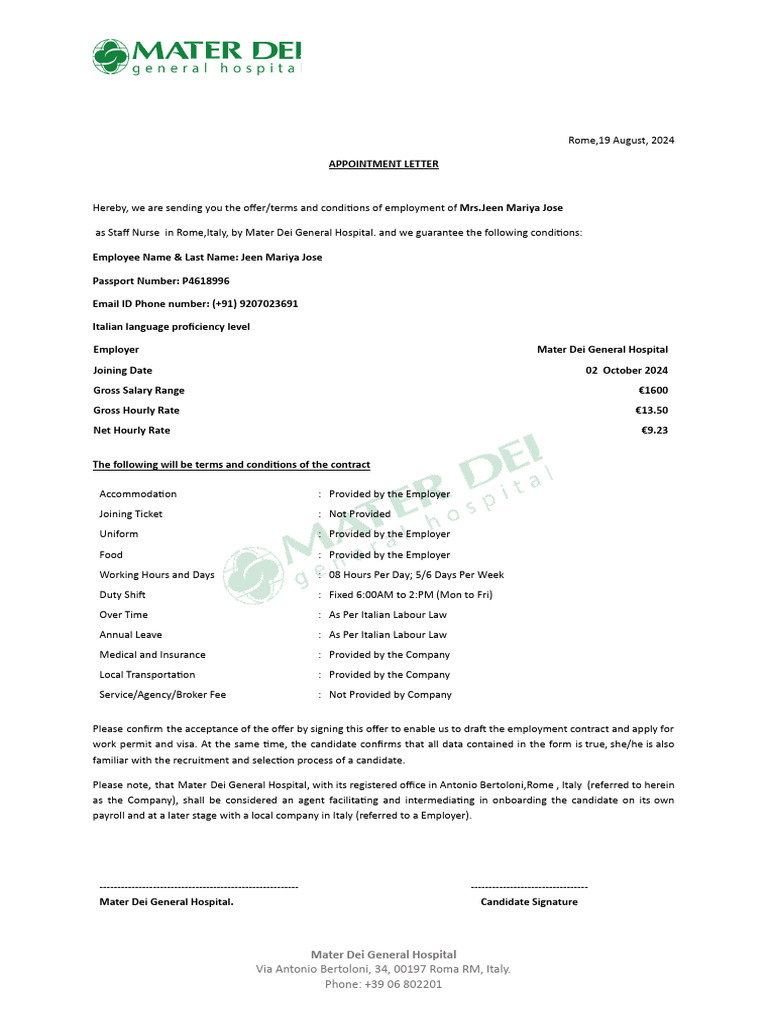 Jeen Mariya Jose Appointment Letter | PDF