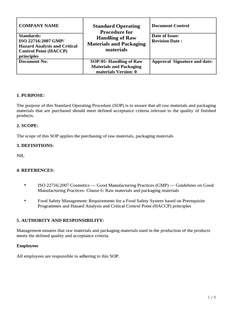 11 GMP SOP 05 Handling of Raw Materials and Packaging Materials | PDF