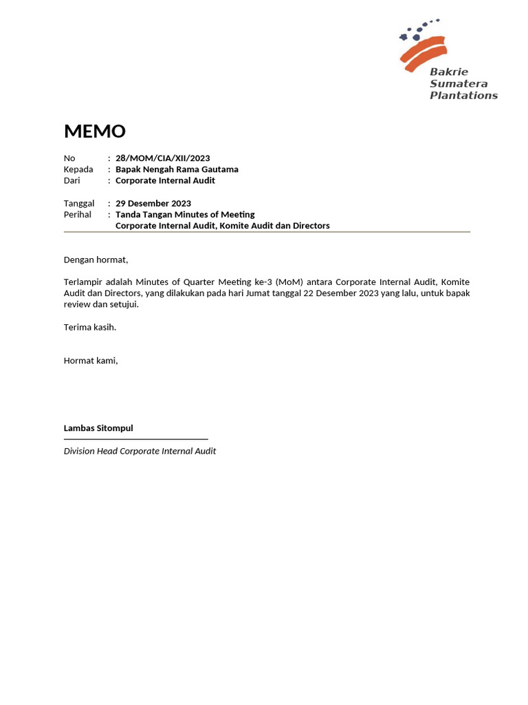 28-MOM-CIA-XII-2023 Internal Memo - Tanda Tangan MoM Audit Komite Q3 ...