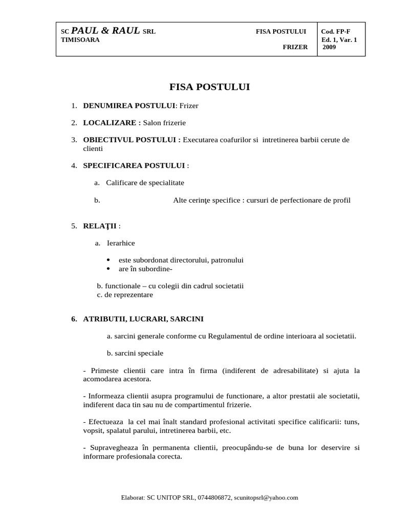 Fisa de Post Frizer | PDF