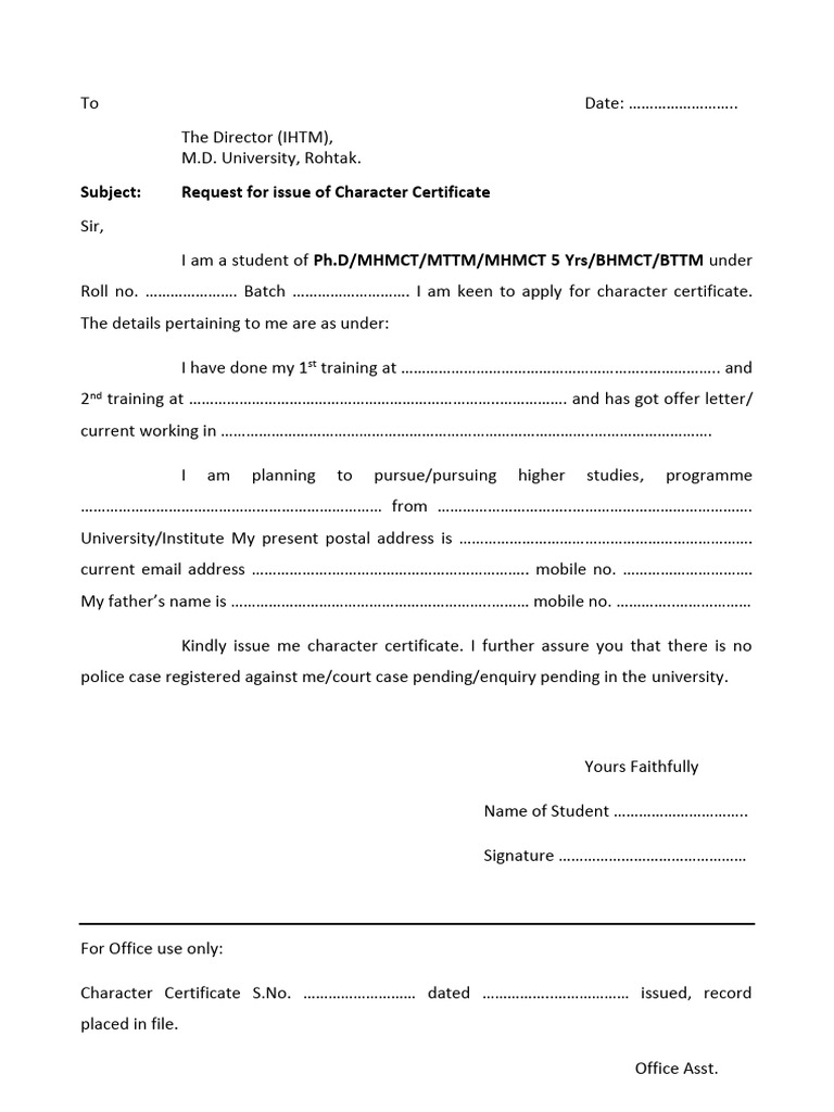 Application For Character Certificate | PDF