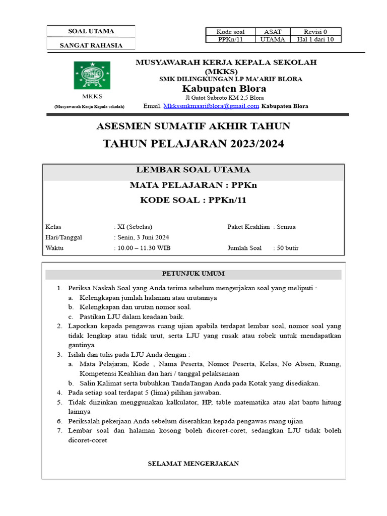 Soal ASAT Pend. Pancasila Kelas XI SMT Genap TH 2024 | PDF