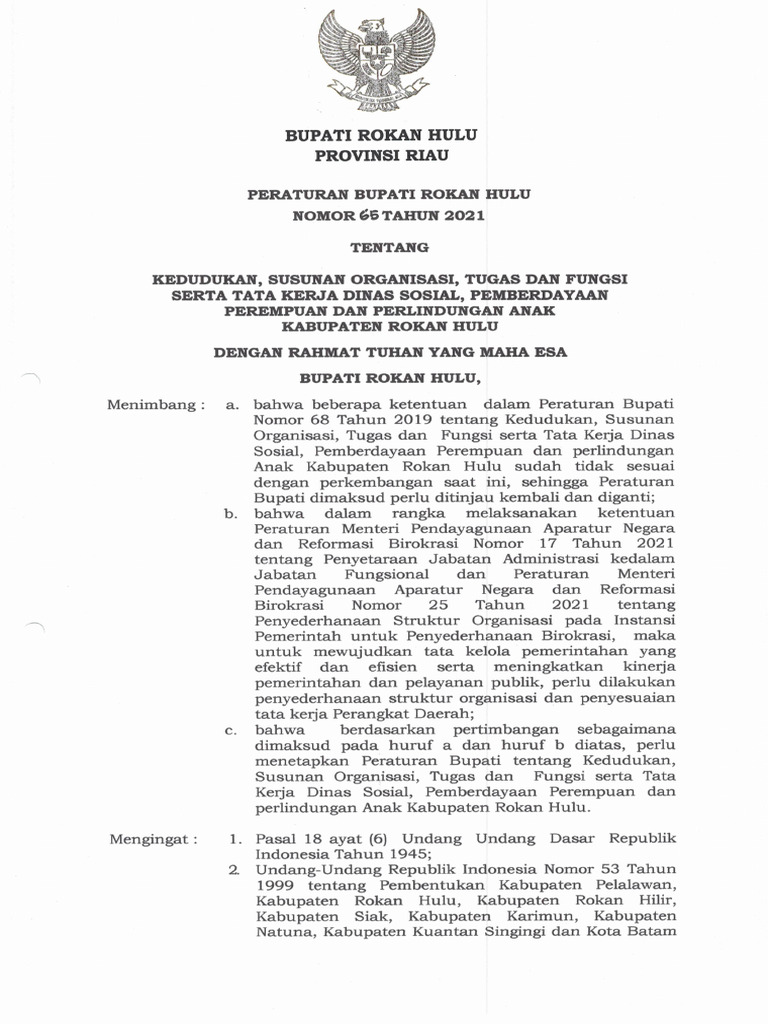 Perbup 65 Tahun 2021 Sotk Dinsosp3a | PDF