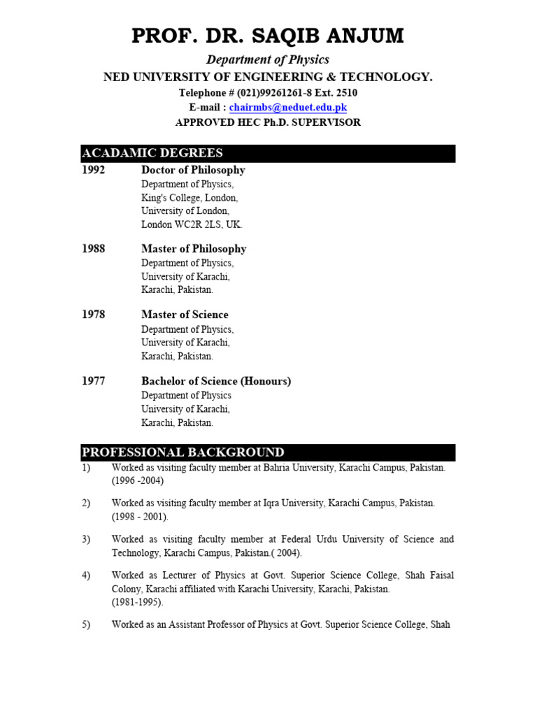 CV of Prof. Dr. Saqib Anjum | PDF