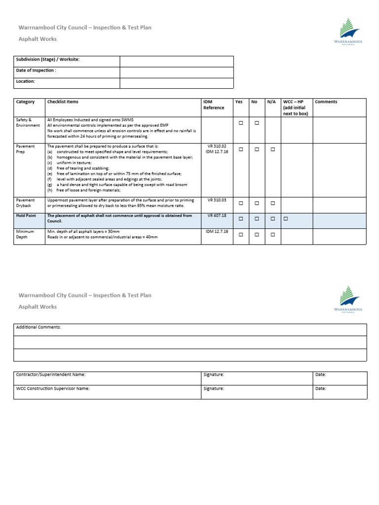 Warrnambool City Council - Inspection & Test Plan Asphalt Works | PDF