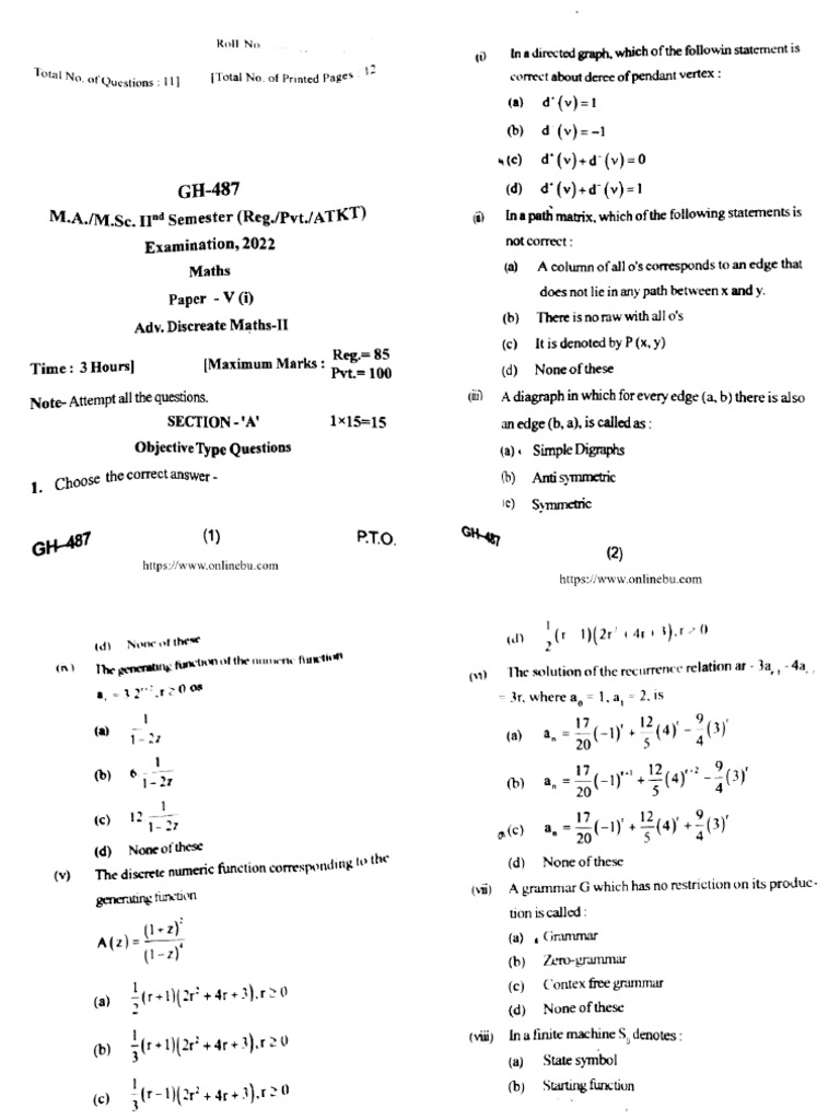 Ma MSC 2 Sem Mathematics Adv Discreate Maths 2 GH 487 2022 | PDF