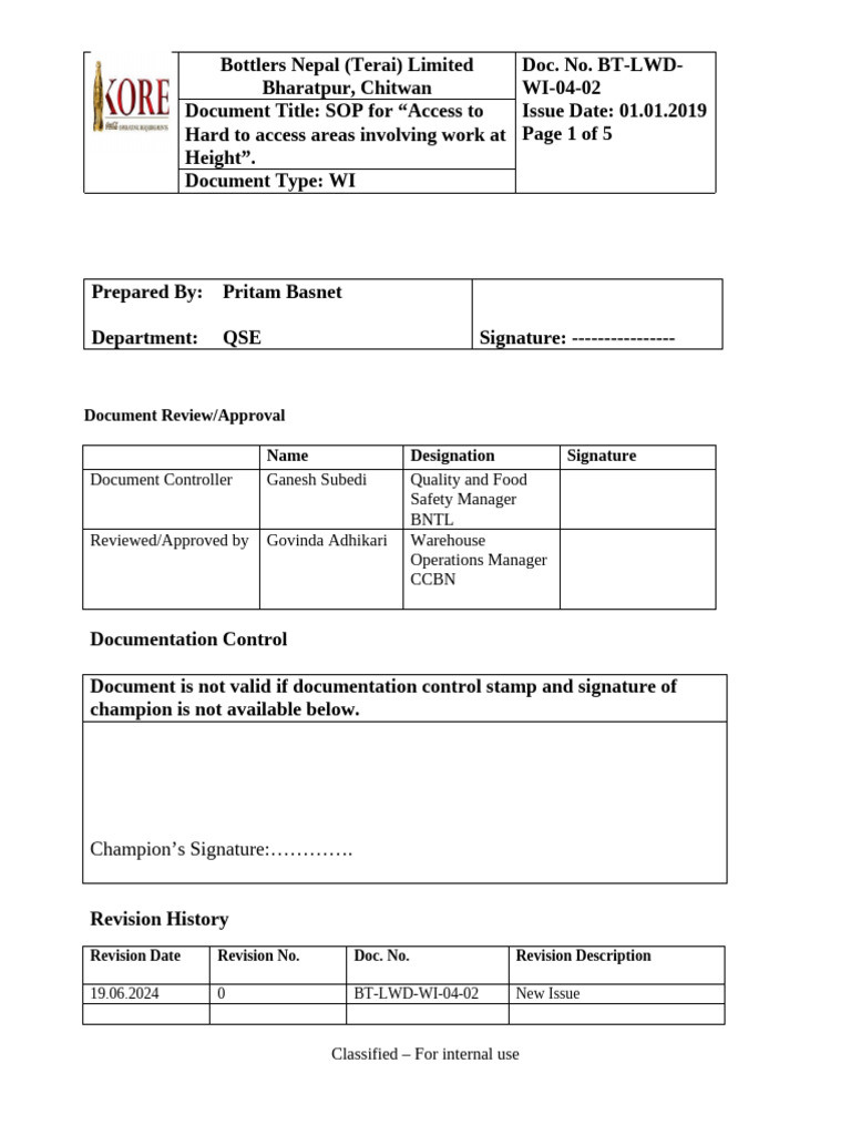 SOP - Access To Hard To Access Areas Involving Work at Height | PDF