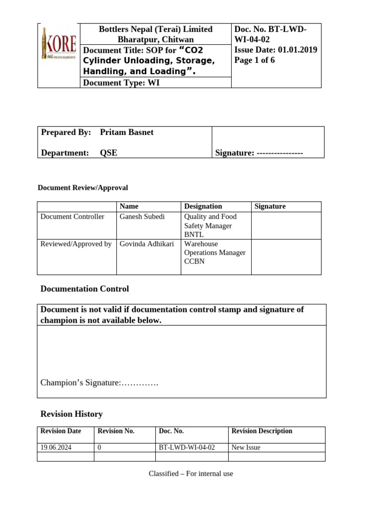 SOP - CO2 Cylinder Unloading, Storage, Handling, and Loading | PDF