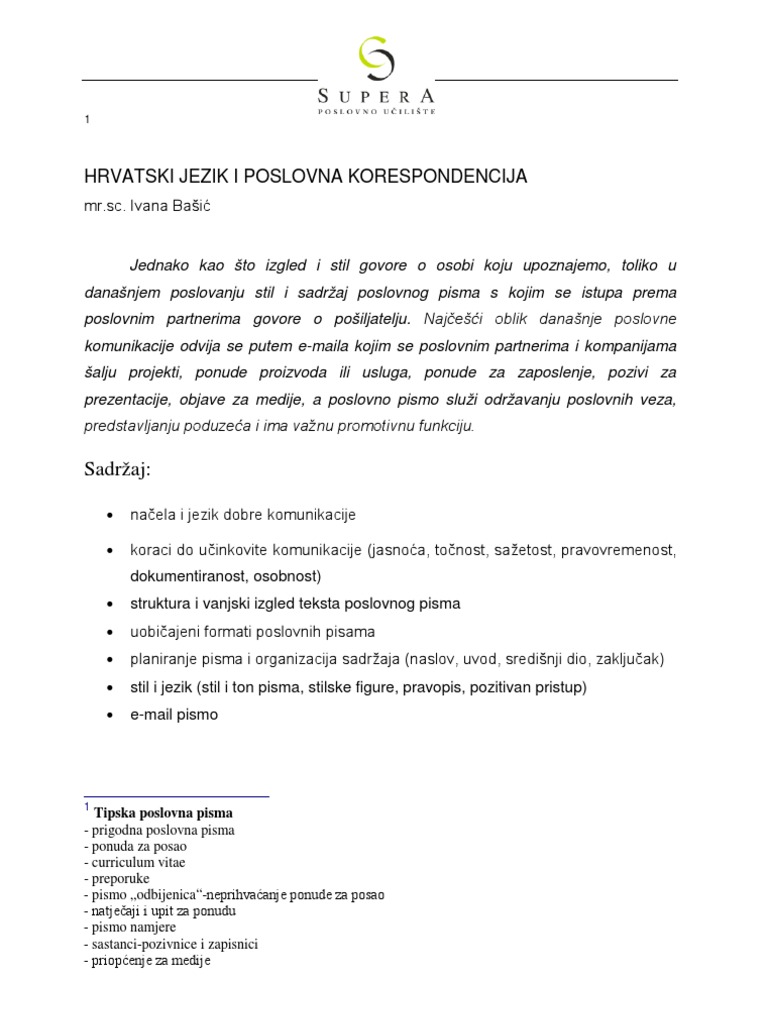 Bašić - Hrvatski Jezik I Poslovna Korespodencija | PDF