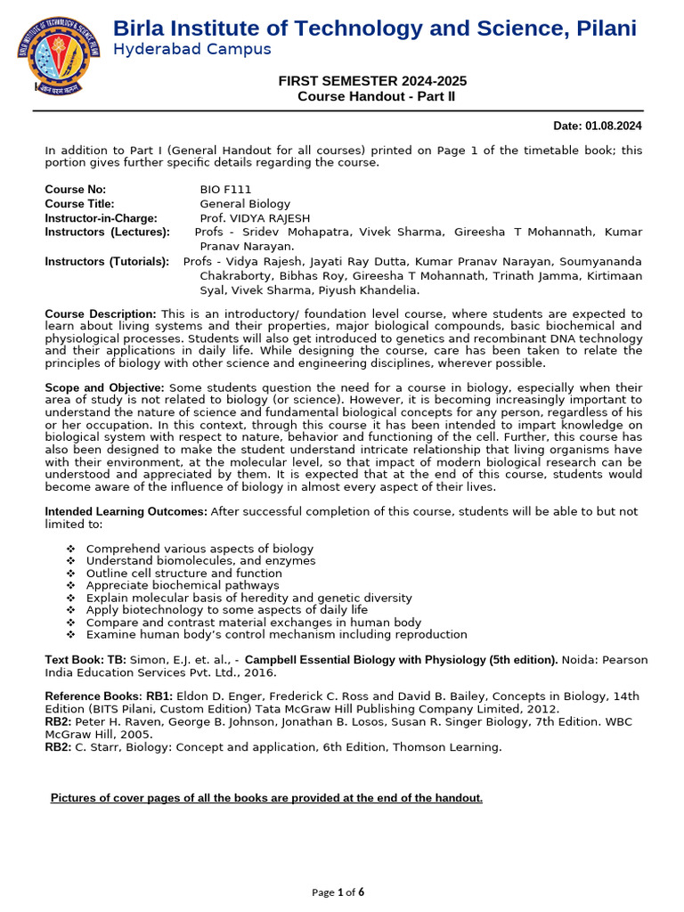 BIO F111 - Handout-1st Sem 24-25 | PDF