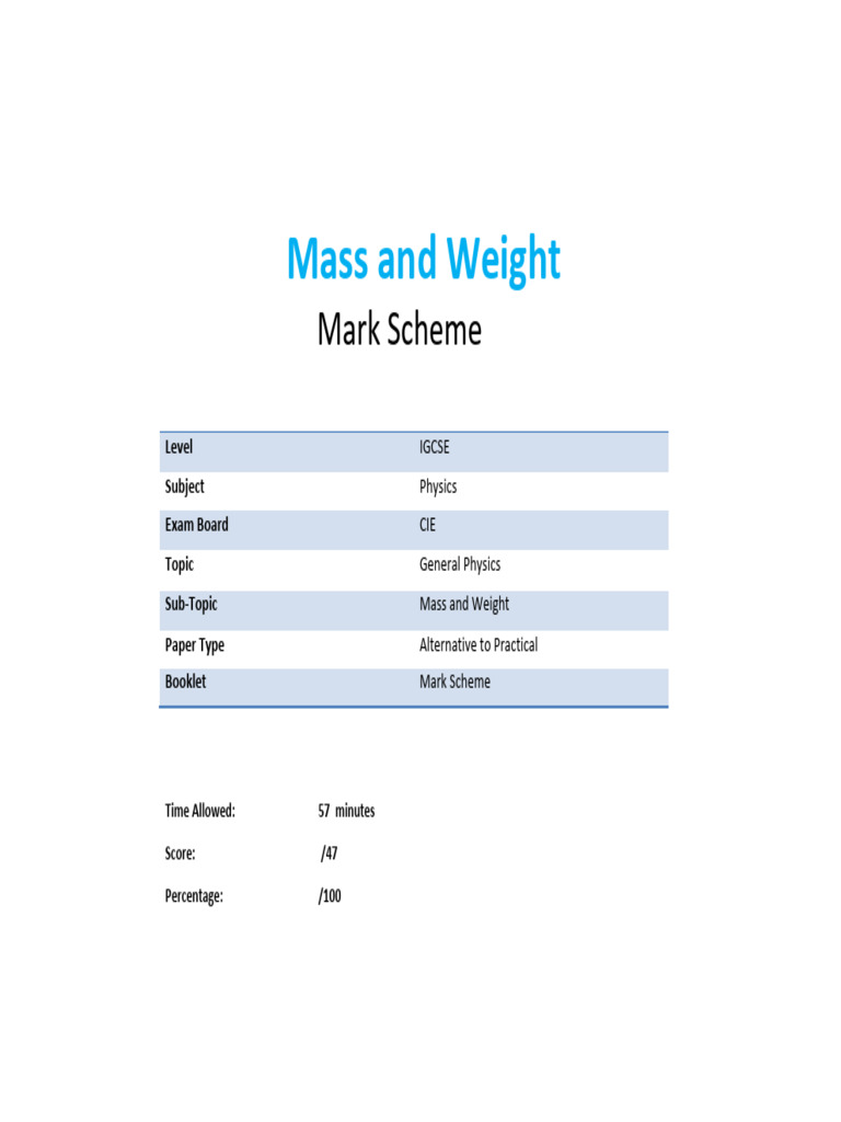 13 Mass and Weight CIE IGCSE Physics Practical - MS - L | PDF | Metrology