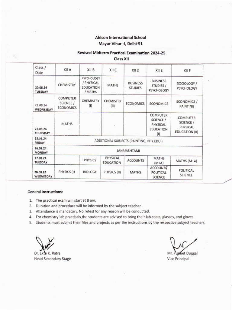 XII Revised Practical Exam Date Sheet | PDF
