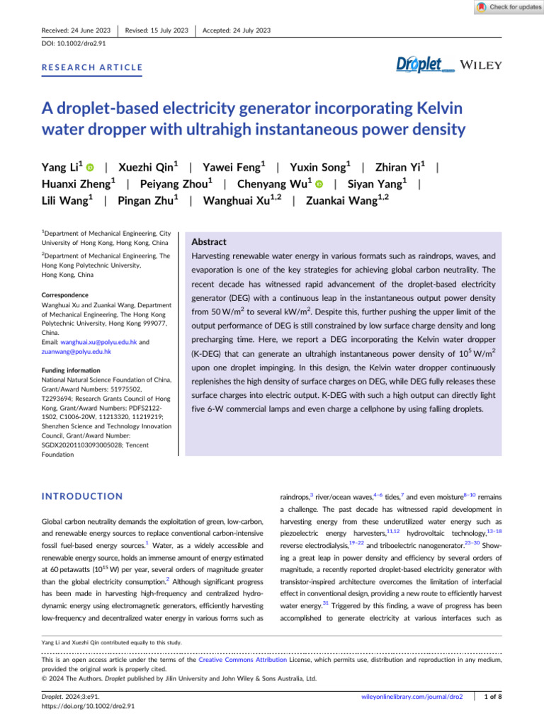 Droplet - 2024 - Li - A Droplet Based Electricity Generator ... Droplet - 2024 - Li - A Droplet Based Electricity Generator ...