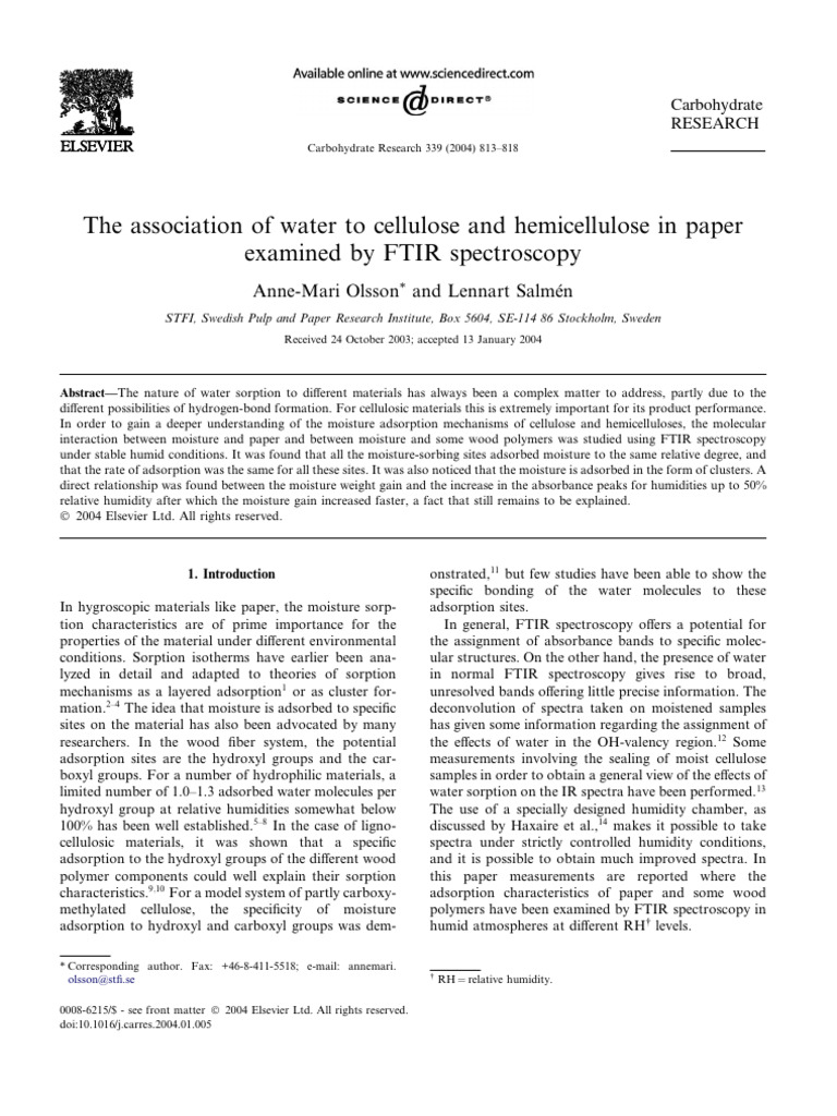Olsson 2004 The Association of Water To Cellulose and Hemicellulose in ...