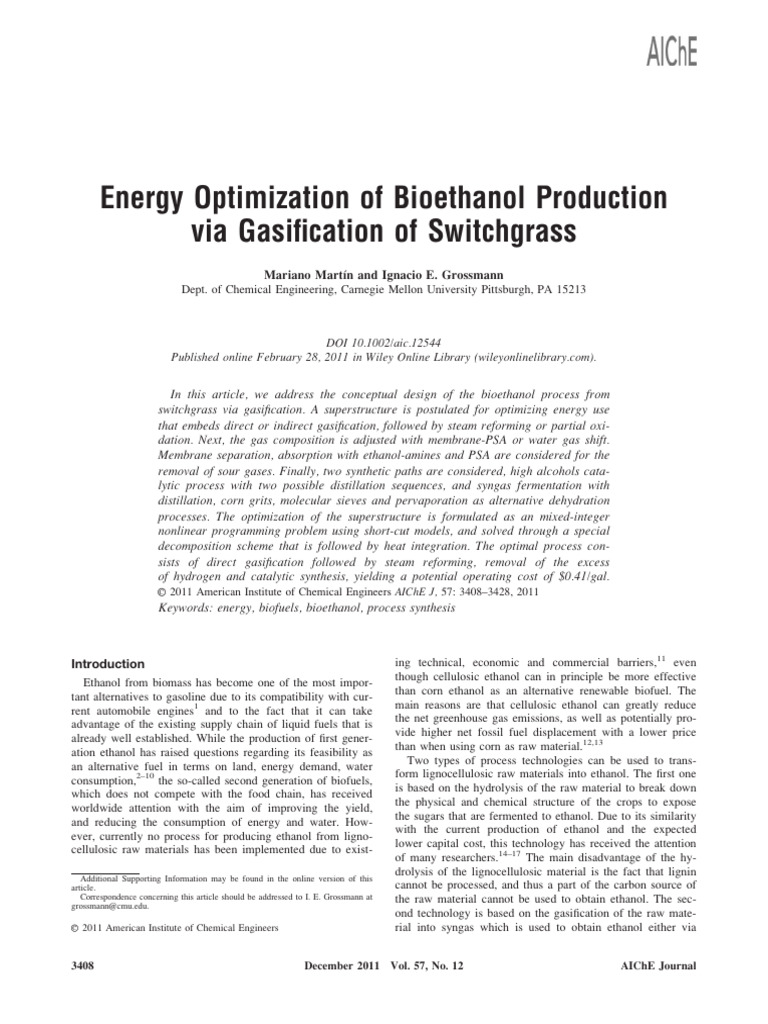 Martin 2011 Energy Optimization of Bioethanol Production Via Gasification of Switchgrass | PDF