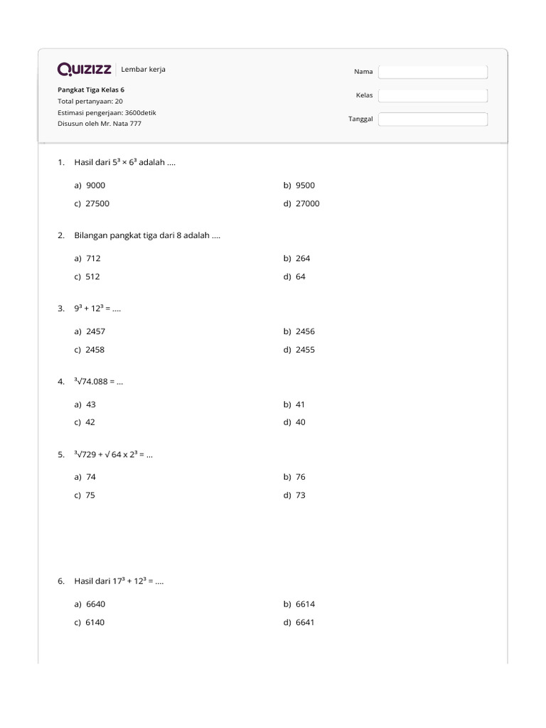 Pangkat Tiga Kelas 6 Quizizz Pdf