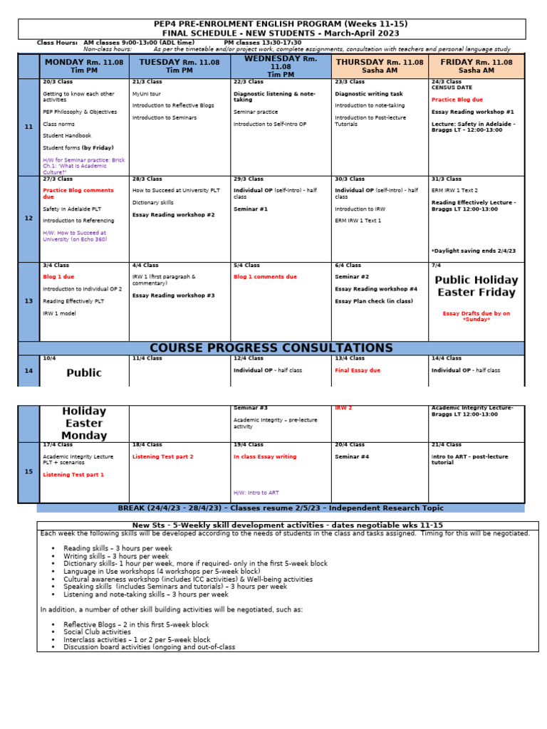 PEP 4 Schedule Wks 11-15 Students UPDATED | PDF