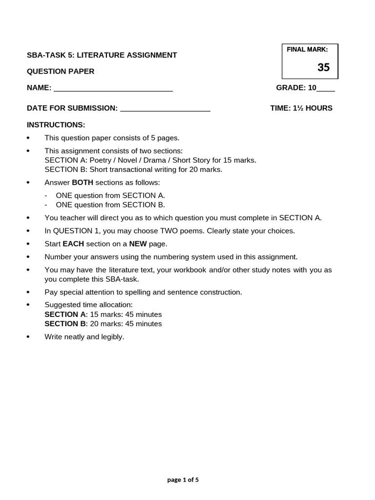 GR 10 EFAL SBA-TASK - LITERATURE ASSIGNMENT - Question Paper (QP) | PDF