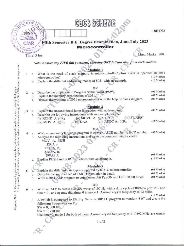 VTU Question Paper of 18EE52 Microcontroller June-July-2023 | PDF