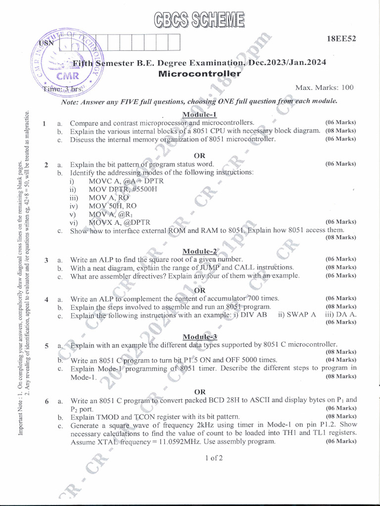 VTU Question Paper of 18EE52 Microcontroller Jan-Fab-2024 | PDF