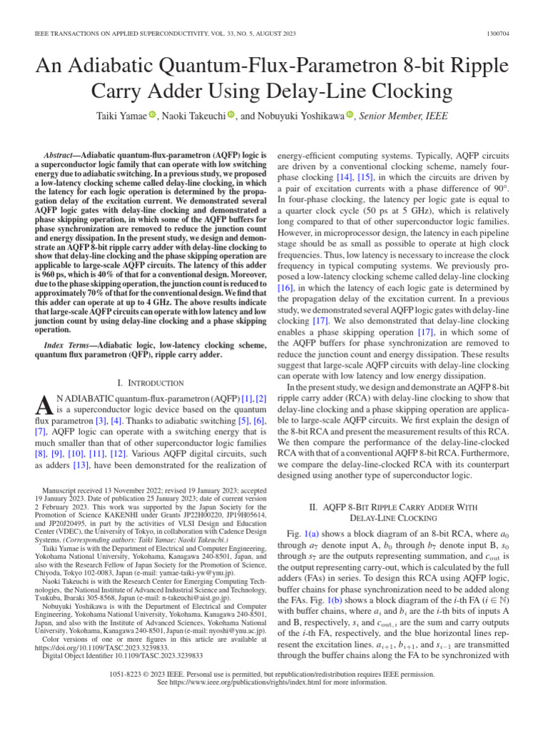 An Adiabatic Quantum-Flux-Parametron 8-Bit Ripple Carry Adder Using Delay-Line Clocking | PDF