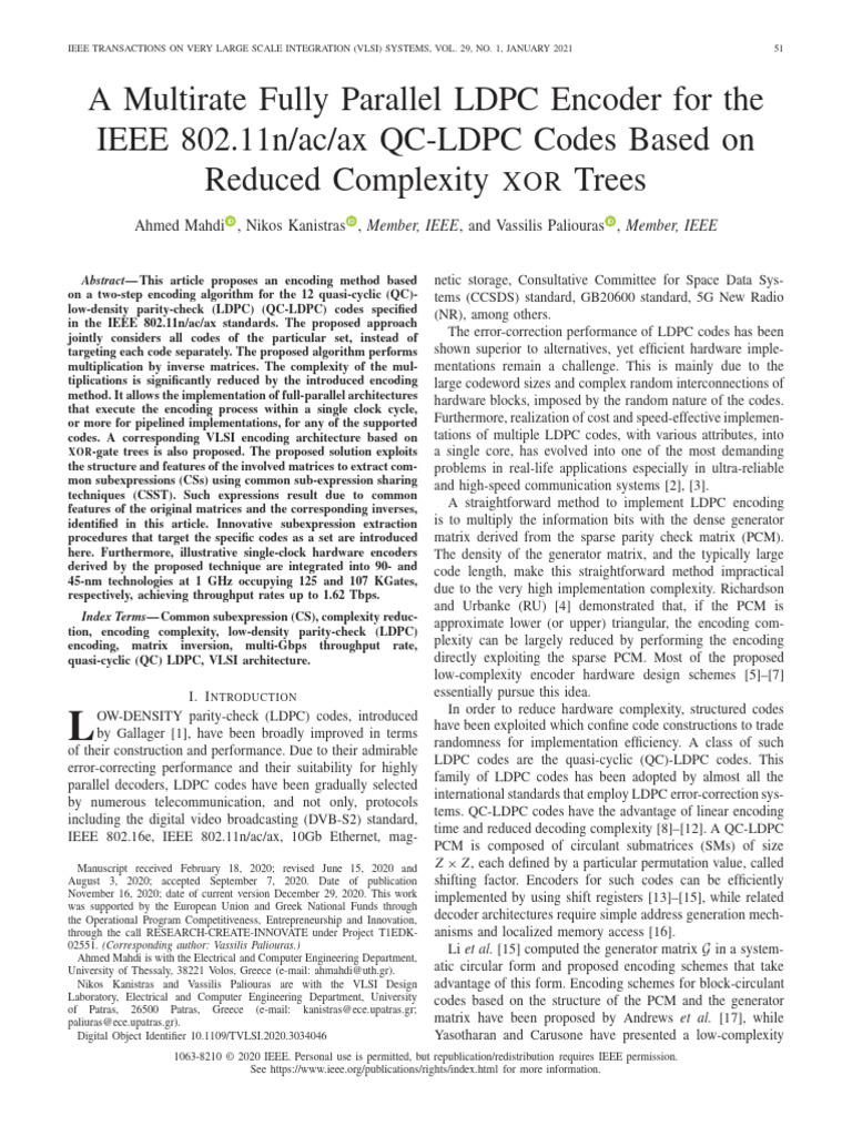 A Multirate Fully Parallel Ldpc Encoder For The Ieee 80211n Ac Ax Qc Ldpc Codes Based On
