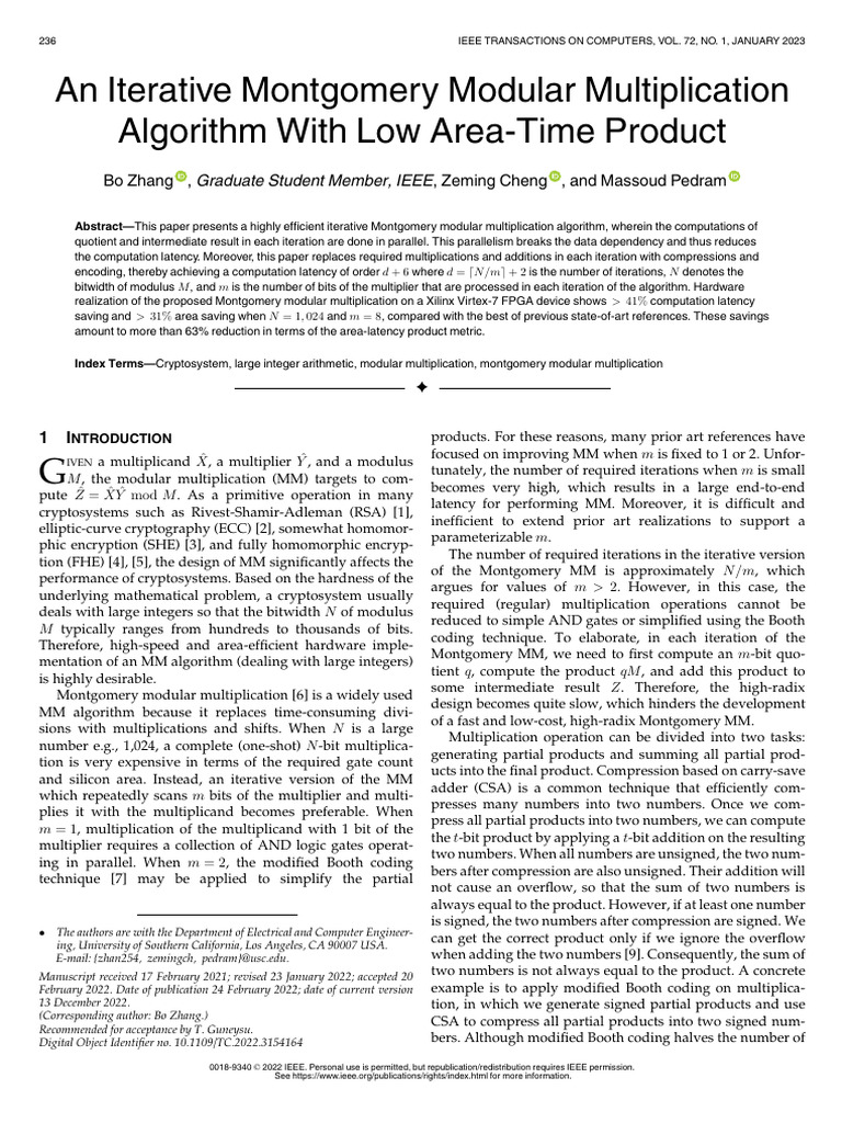 An Iterative Montgomery Modular Multiplication Algorithm With Low Area-Time Product | PDF